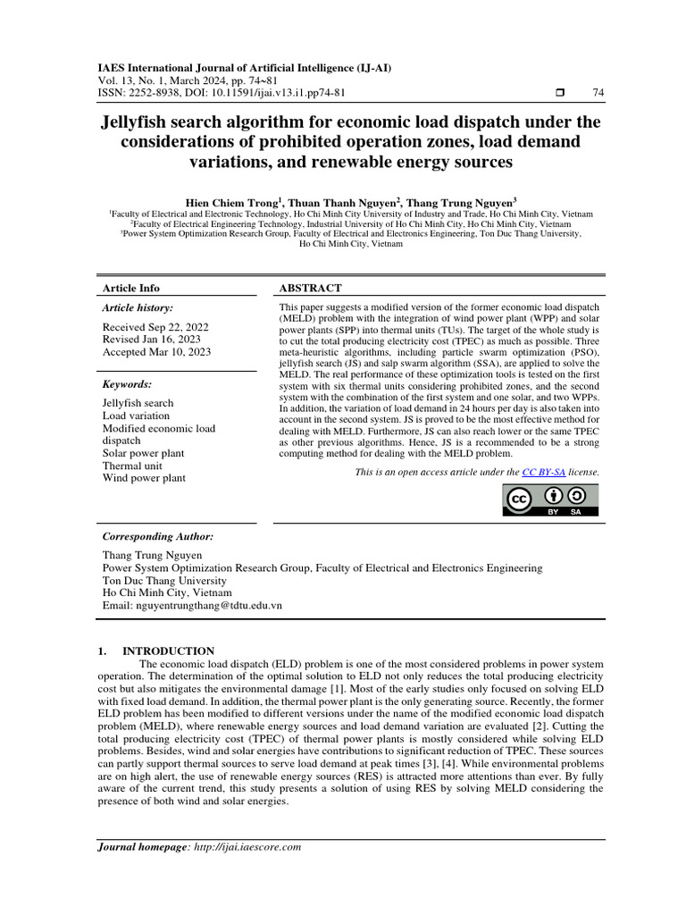 Jellyfish Search Algorithm For Economic Load Dispatch Under The ...
