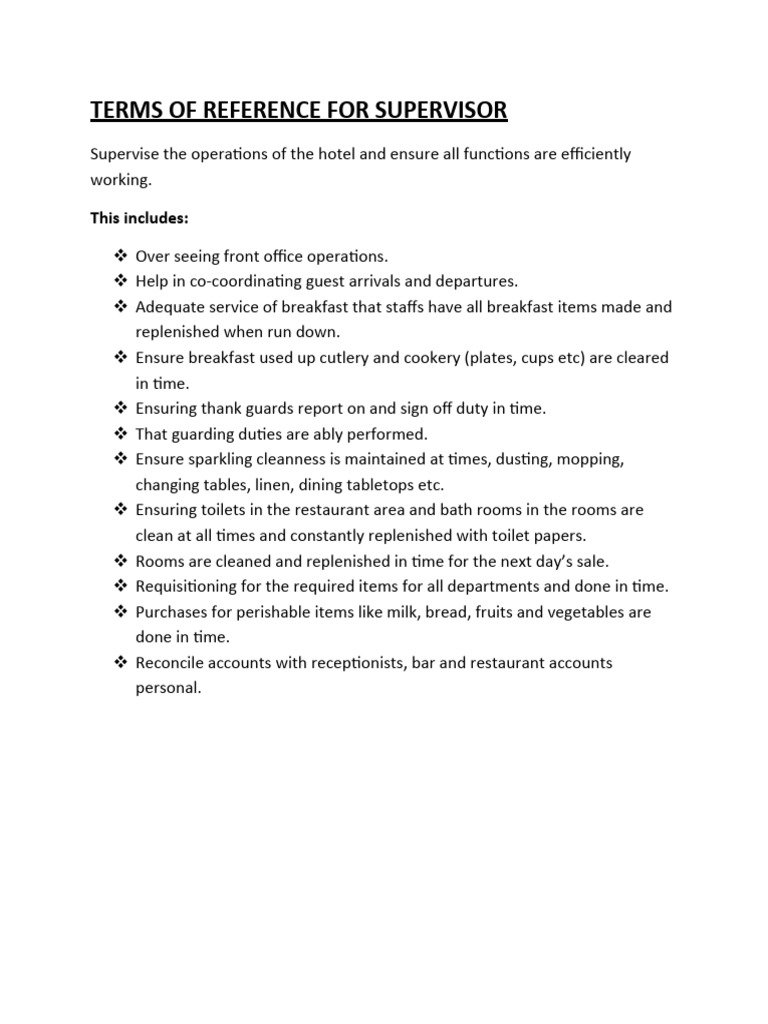 Terms of Reference For Supervisor | PDF