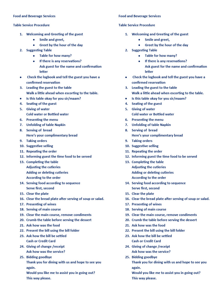 Table Service Procedure | PDF | Foods | Food And Drink