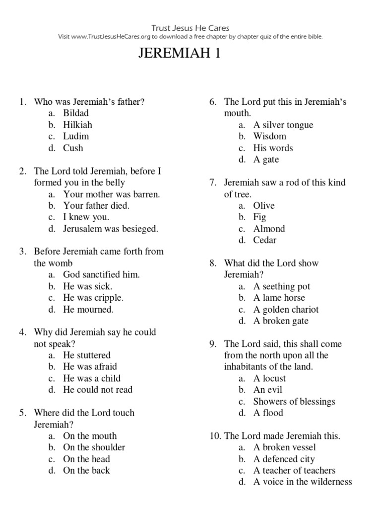 Jeremiah - Chapter Wise Quiz | PDF | Jeremiah | Jesus