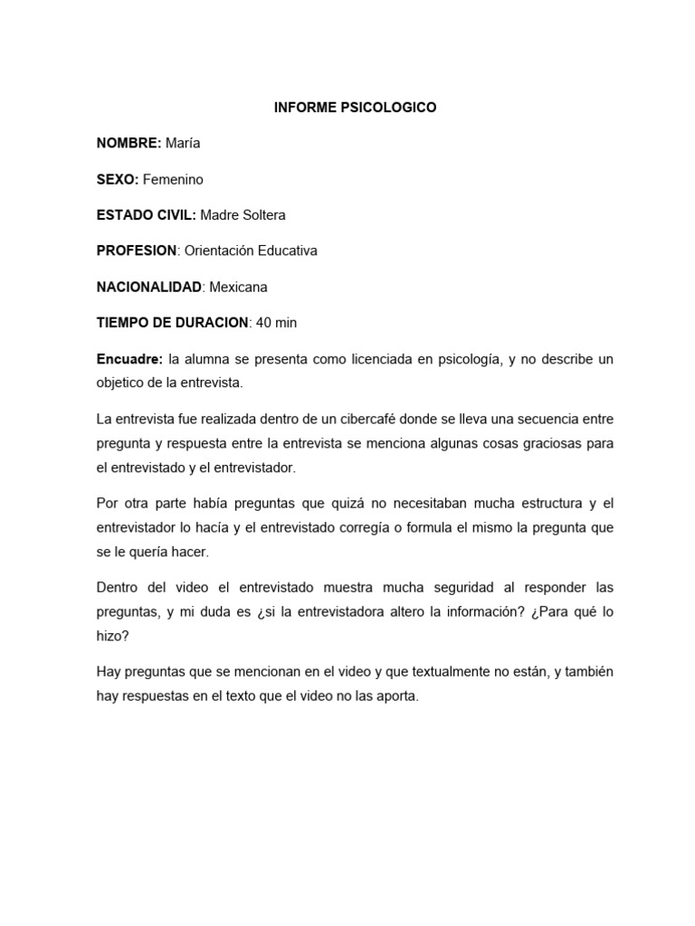 Informe Psicologico | PDF | Sicología | Conceptos psicologicos