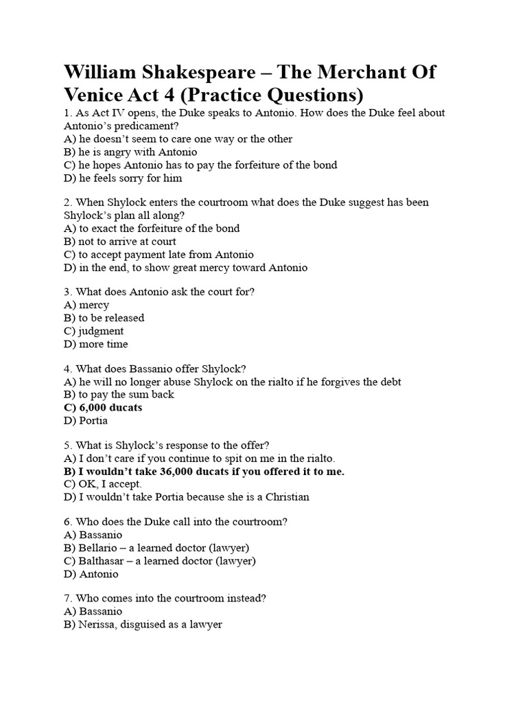 MCQ Act 4 Scene 1-2 | PDF | The Merchant Of Venice | British Plays ...