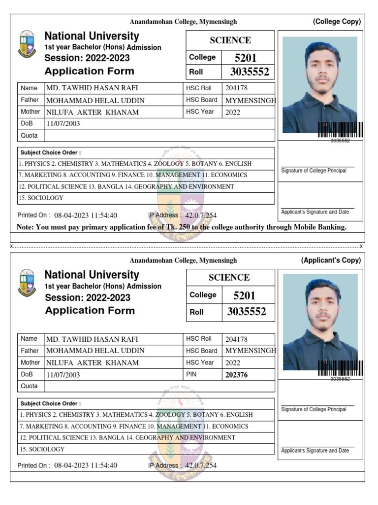 Hons AdmitCard 2022 2023 HONS 3035552 | PDF | Science