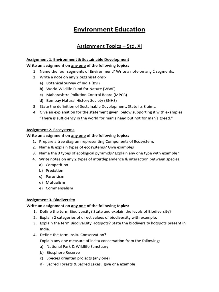 Environment Education Assignments for XI | PDF | Biodiversity | Conservation Biology