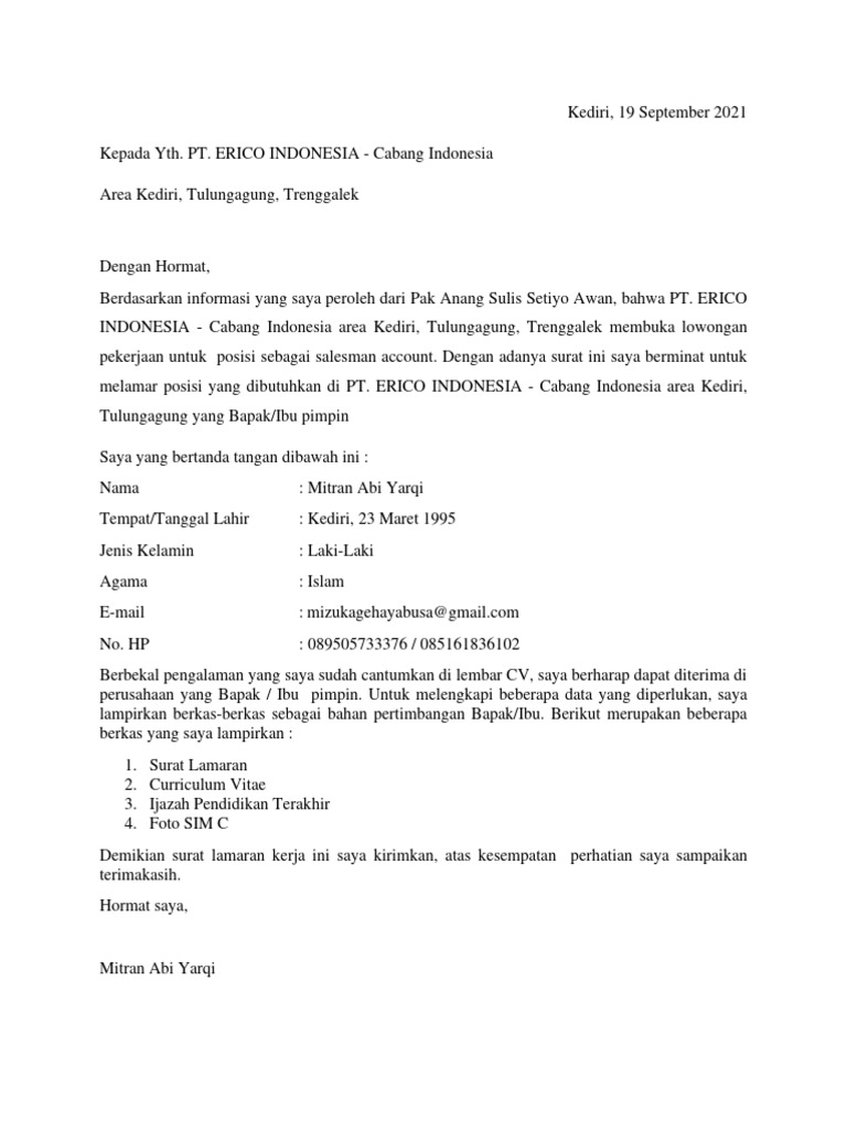 SURAT LAMARAN - PT - Erico Indonesia | PDF | Karier & Perkembangan | Bisnis