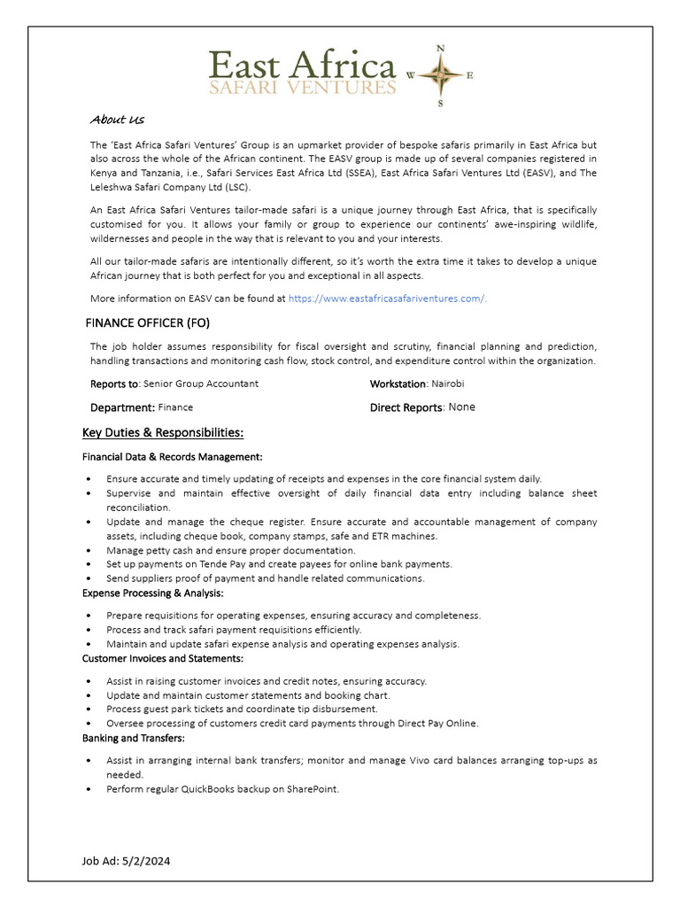 Finance Officer JOB AD | PDF | Payments | Quick Books