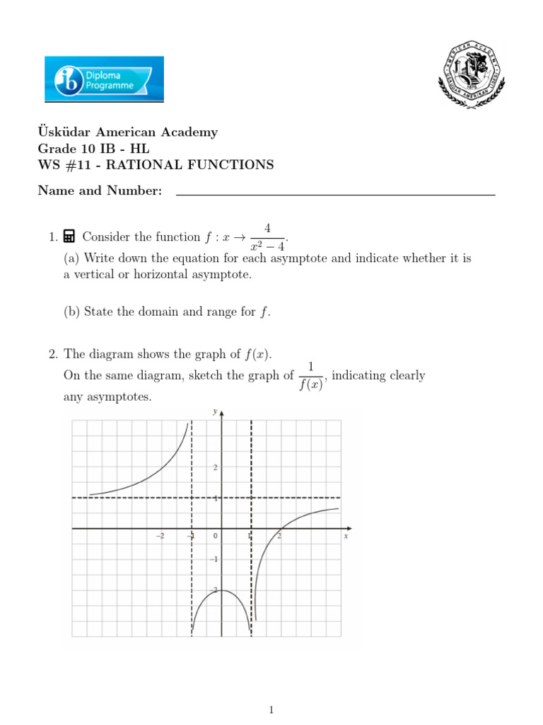 Ws 11 Rational Functions Pdf Asymptote Function Mathematics