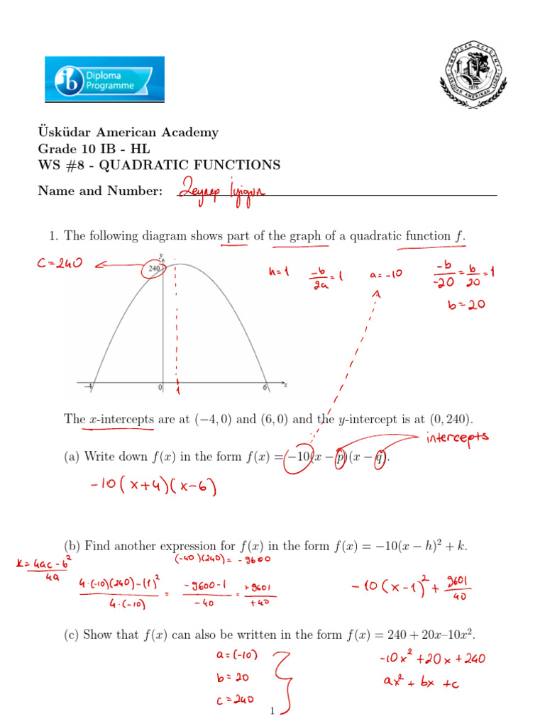 Ws 8 Quadrartic Functions | PDF | Cartesian Coordinate System ...