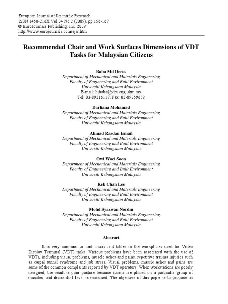 Recommended Chair and Work Surfaces Dimensions of VDT Tasks For ...
