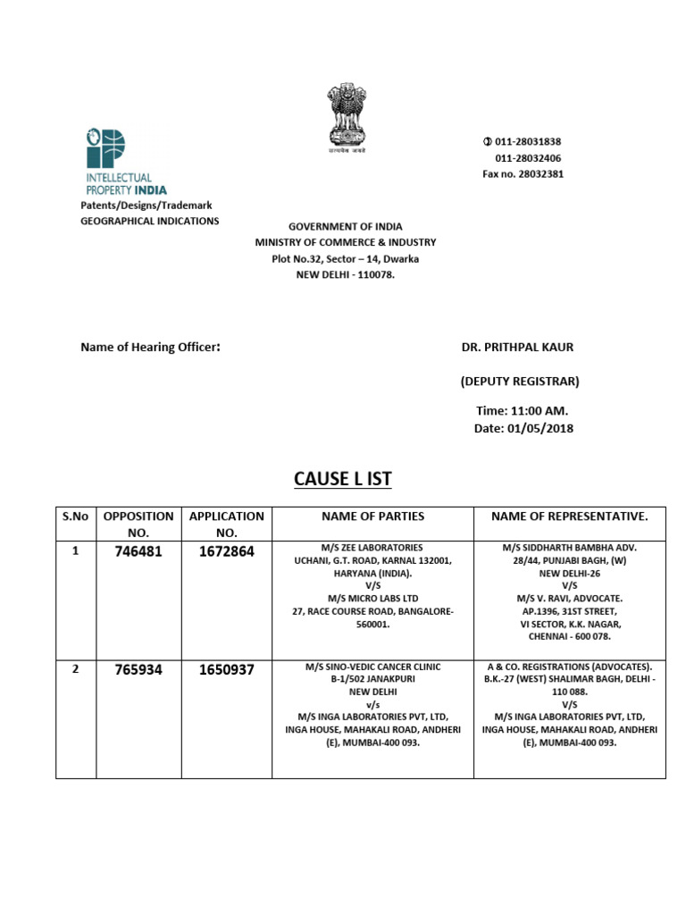 Cause List of May 2018 DR - PRITHPAL KAUR 1 To 15 | PDF