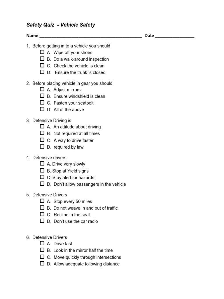 Safety Quiz - Vehicle Safety Answer Key.doc | PDF