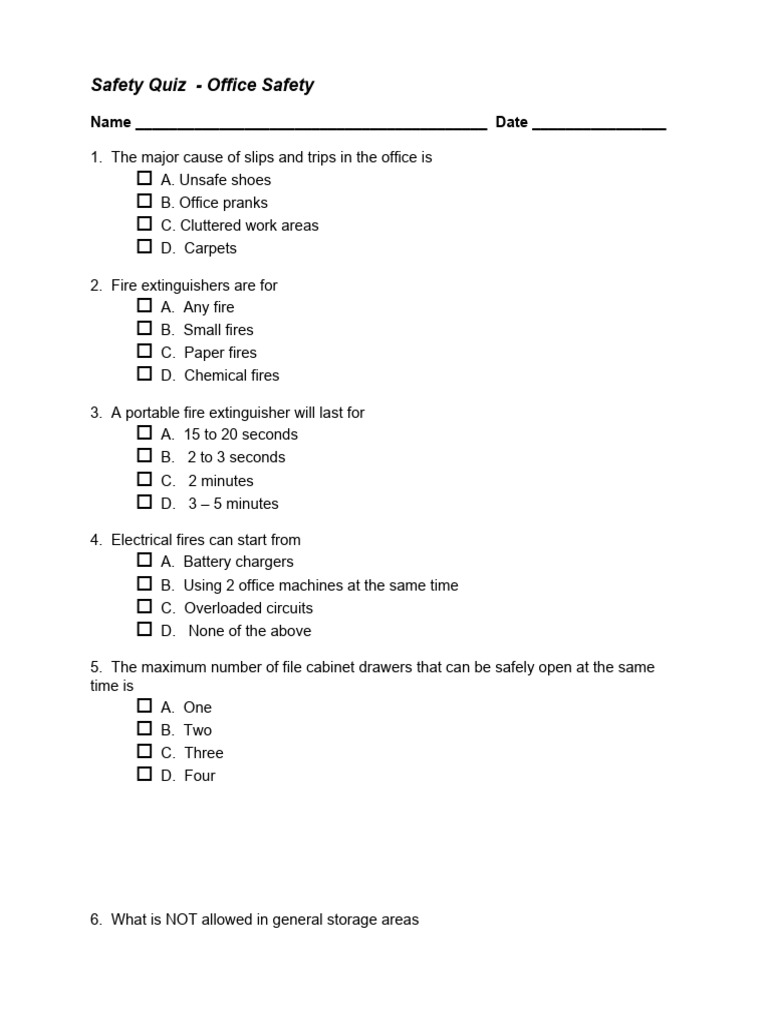 Office Safety Quiz for Employees | PDF | Science & Mathematics