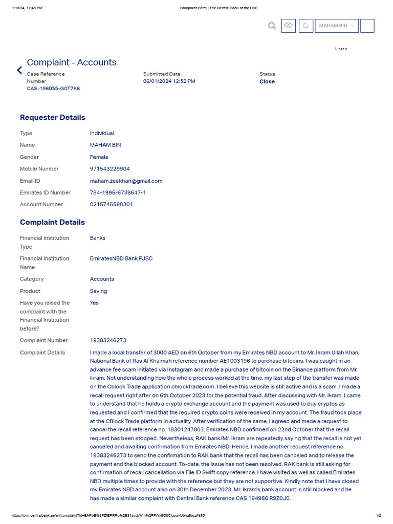 Complaint Form _ The Central Bank of the UAE | PDF | Cryptocurrency ...