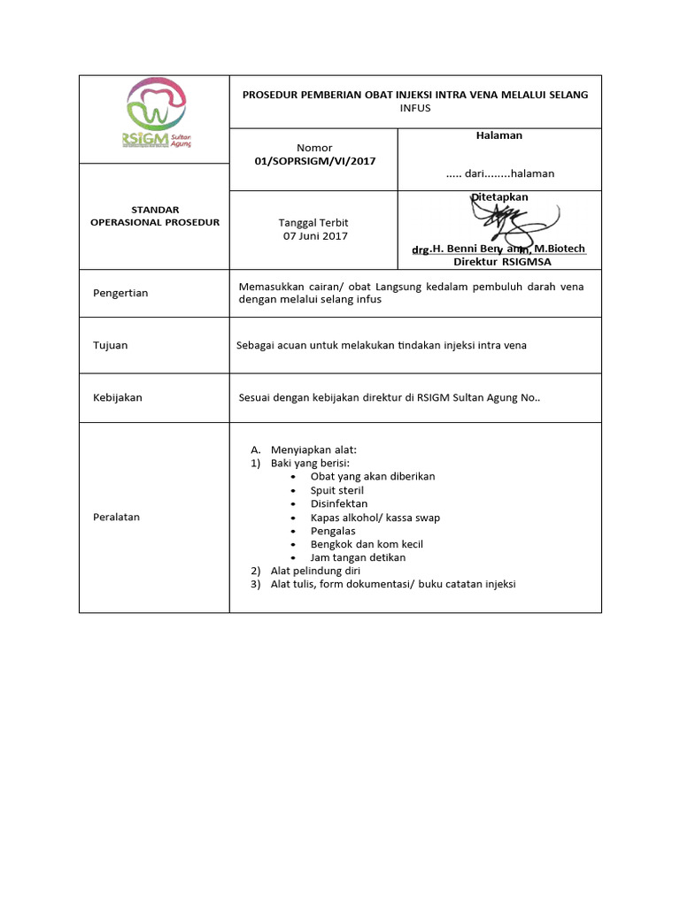 PDF Sop Injeksi IV Melalui Selang Infus | PDF | Sains & Matematika