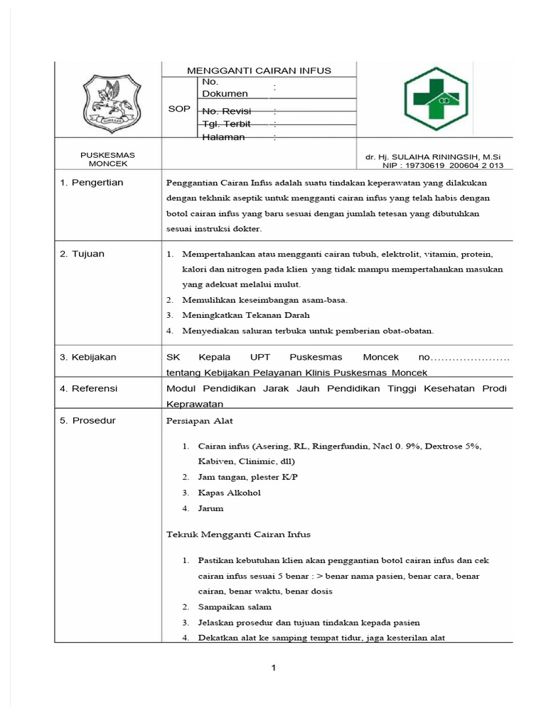 PDF Sop Mengganti Cairan Infus | PDF