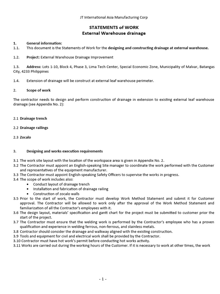External Warehouse Drainage Improvement - Statements of Work 1 | PDF