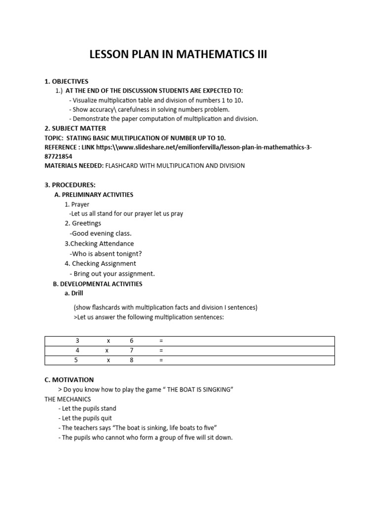 Lesson Plan in Mathematics 3 | PDF | Lesson Plan | Teachers