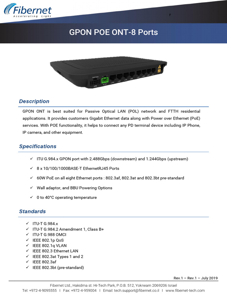 GPON POE ONT-8-Ports | PDF | Computer Network | Institute Of Electrical And Electronics Engineers