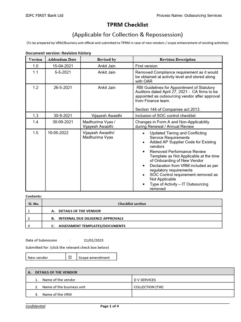 Annexure 3.2 - TPRM Checklist for Collection Vendors | PDF ...