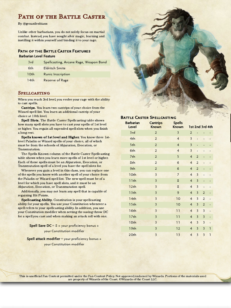 Path of The Battle Caster (Barbarian Subclass) - GM Binder | PDF | D20 ...