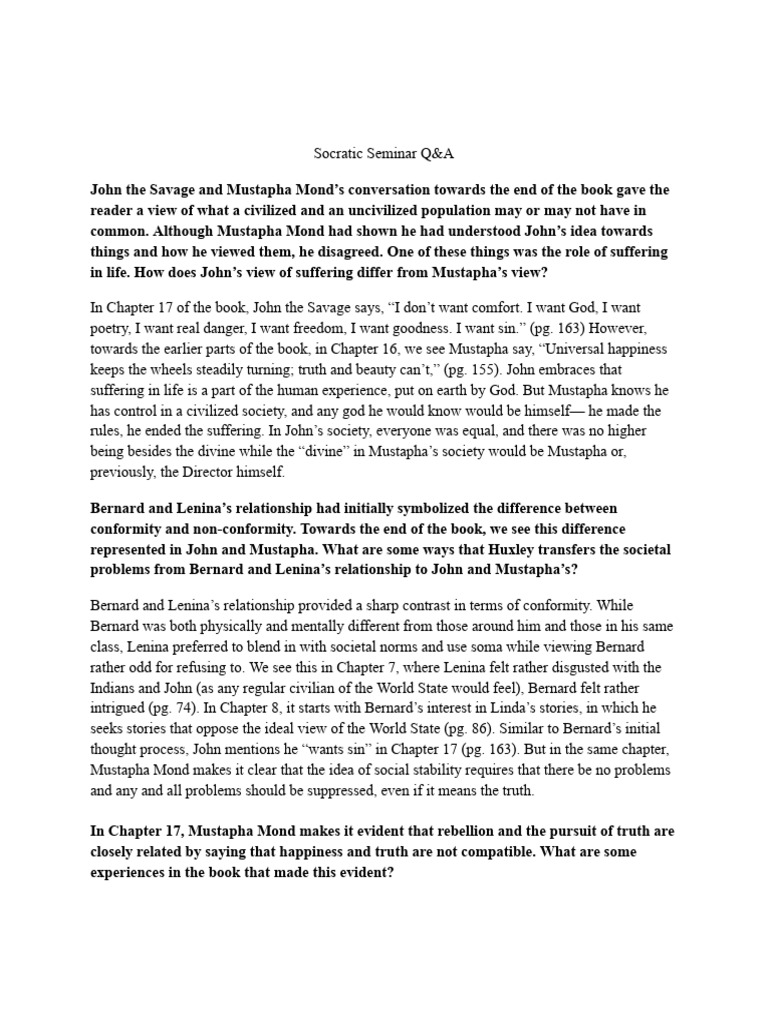 Socratic Seminar Questions | PDF | Dystopia