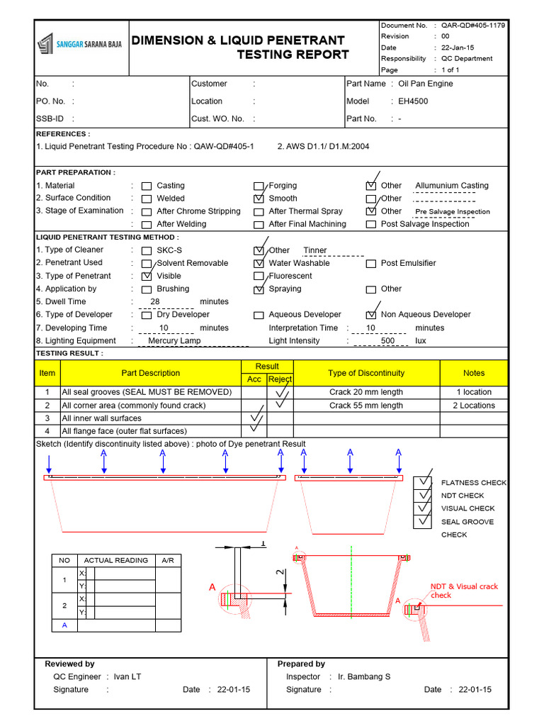QAR-QD405-1179 Liquid Penetrant Testing Report-Oil Pan EH4500 | PDF ...