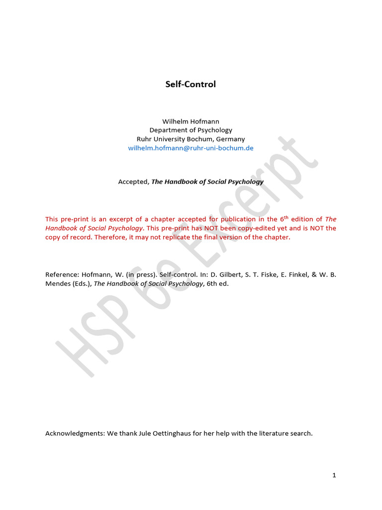 Self-Control Chapter Excerpt HSP06 | PDF | Self-Management | Self Control