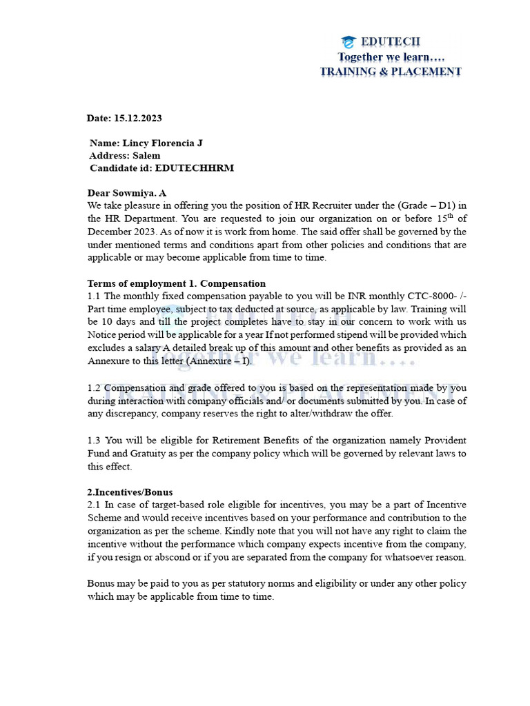 Edutech-HR Offer Letter of Ms LINCY | PDF | Recruitment | Employment