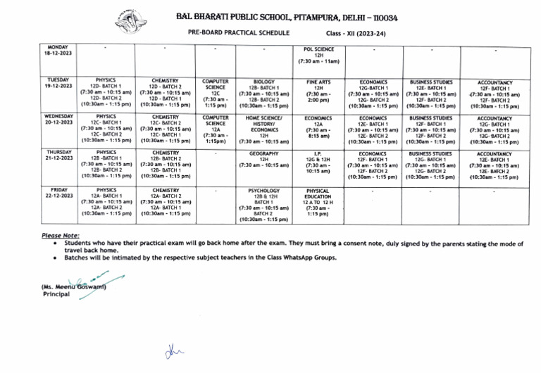 Class XII Pre-Board Practical Schedule | PDF | Science