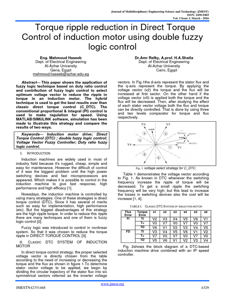 Torque Ripple Reduction In Direct Torque Control Of Induction Motor Using Double Fuzzy Logic