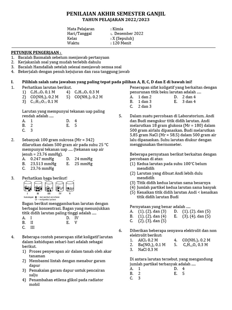 SOAL UAS PAS Kimia KELAS 10 SEMESTER 1 | PDF | Sains & Matematika