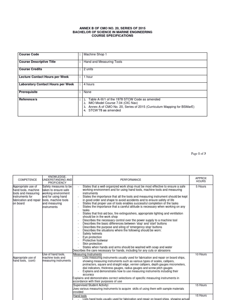 Annex B BSMarE Course Specifications For Hand and Measuring Tools | PDF ...