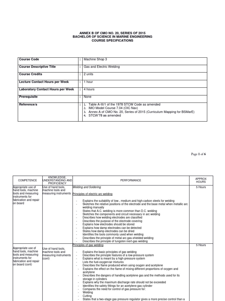 Annex B BSMarE Course Specifications For Gas and Electric Welding | PDF