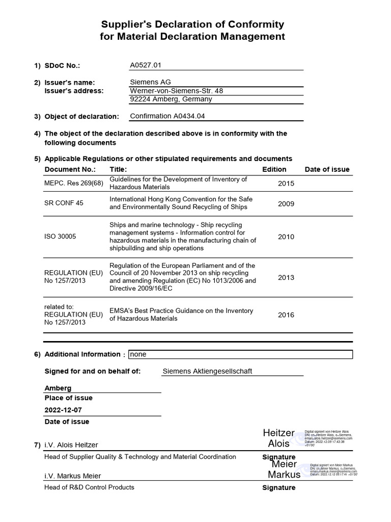Supplier's Declaration of Conformity For Material Declaration ...