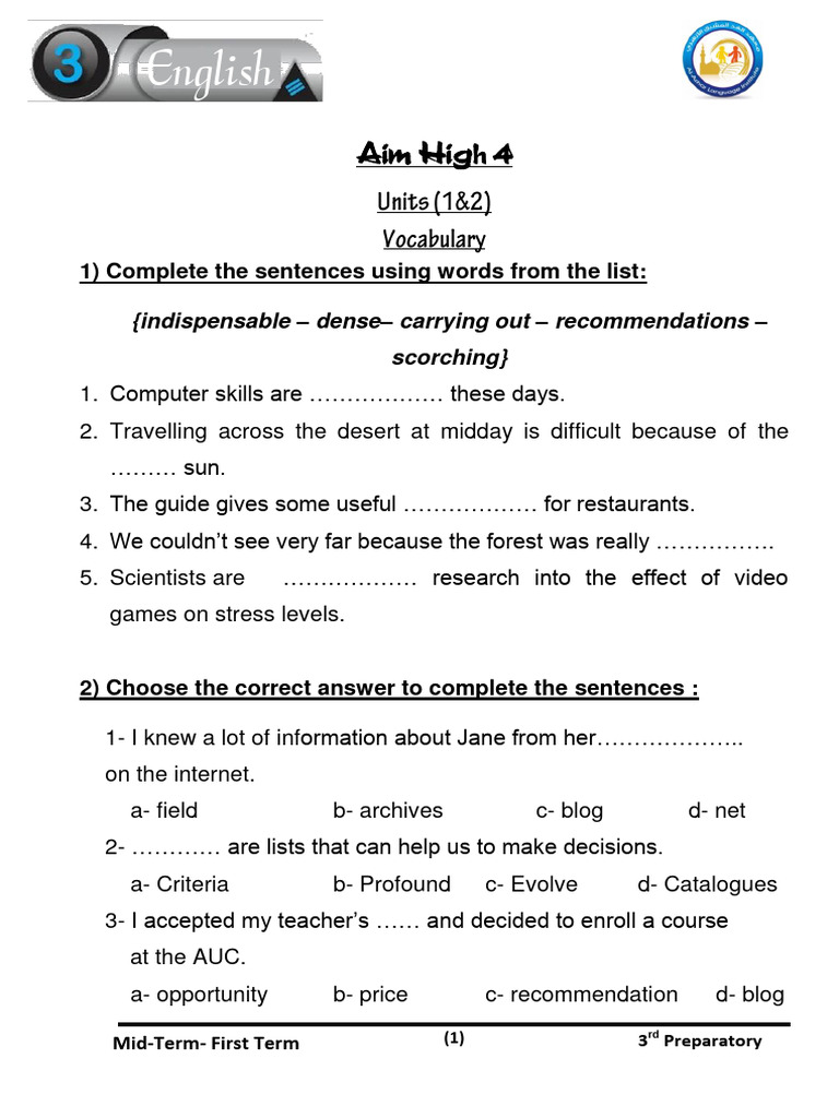 Aim High 4 Prep3 T1-1 | PDF