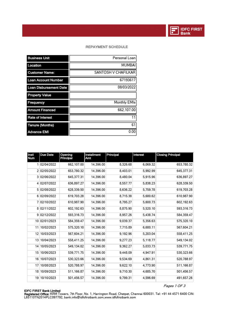 IDFC First Bank Loan Repayment Schedule | PDF | Loans | Financial Services