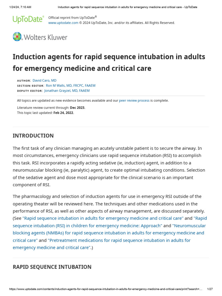 Induction Agents For Rapid Sequence Intubation in Adults For Emergency Medicine and Critical ...