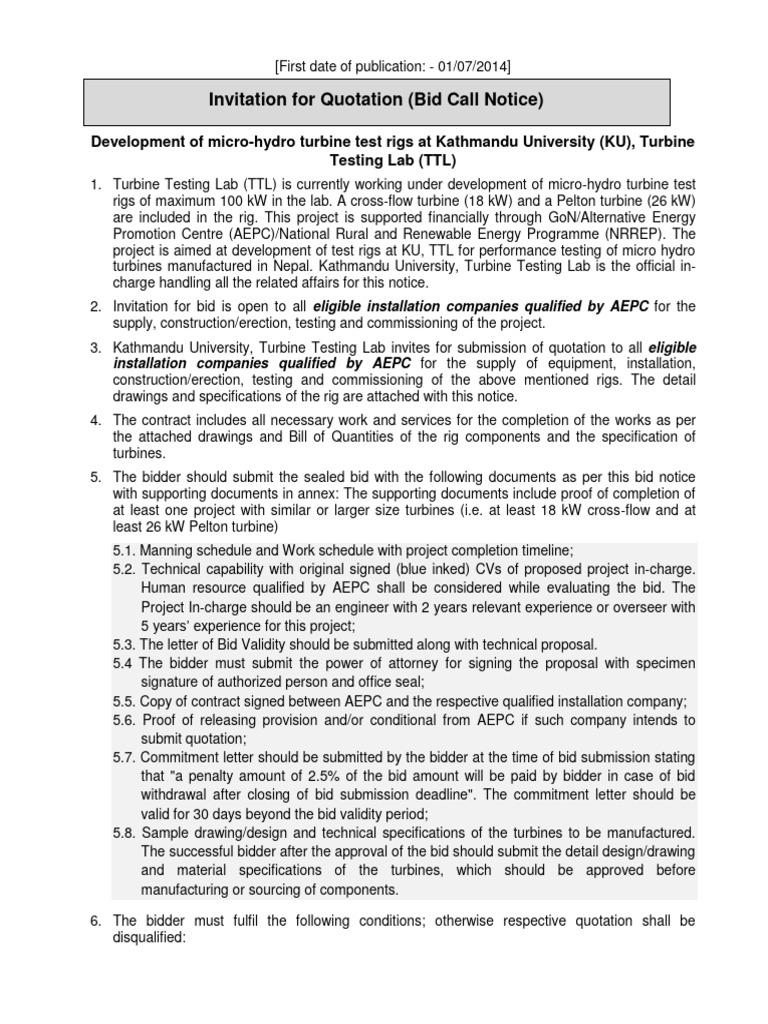 Bid Call Notice-Turbine Testing-Draft6 | PDF