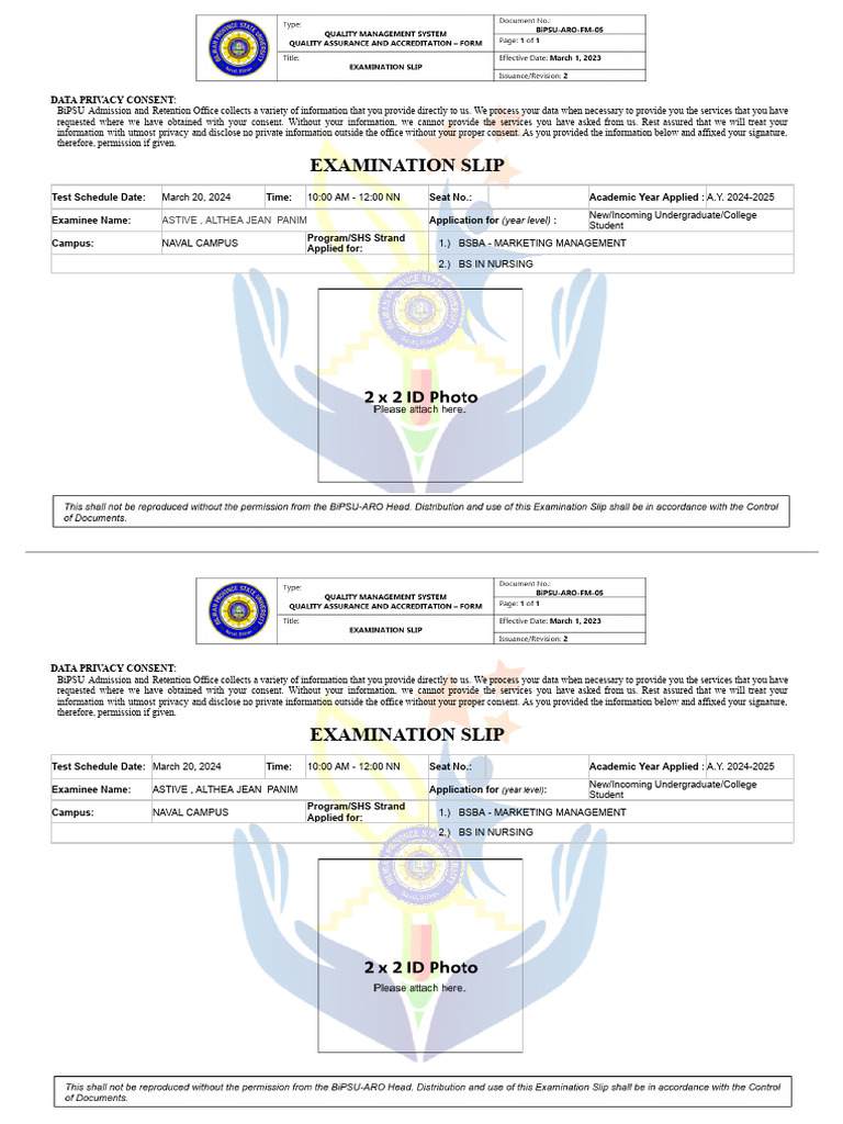 ASTIVE, ALTHEA JEAN BiPSU A.Y. 24-25 Undergraduate - College Admission Examination Slip ...