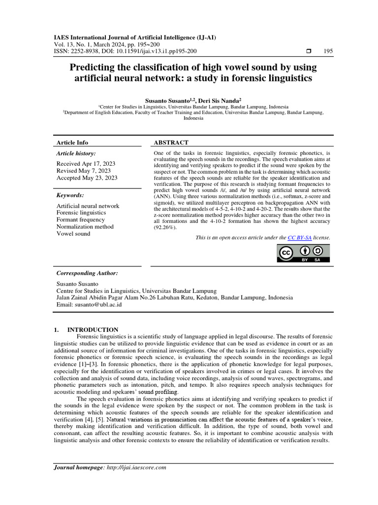 Predicting The Classification of High Vowel Sound by Using Artificial Neural Network: A Study in ...