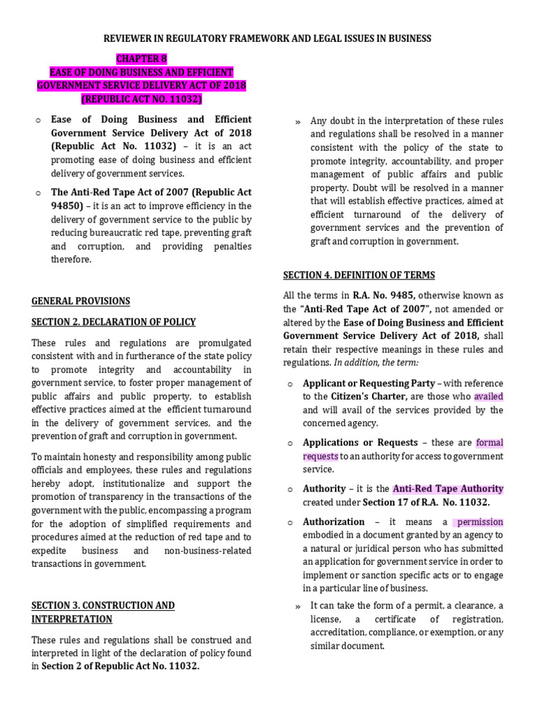 RFBT - Chapter 8 - Ease of Doing Business | PDF | Business | Regulatory Compliance