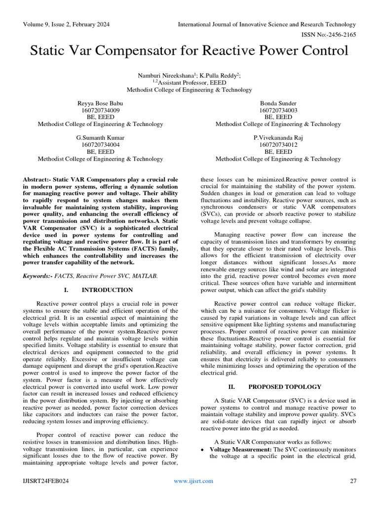 Static Var Compensator For Reactive Power Control Pdf Ac Power Electricity