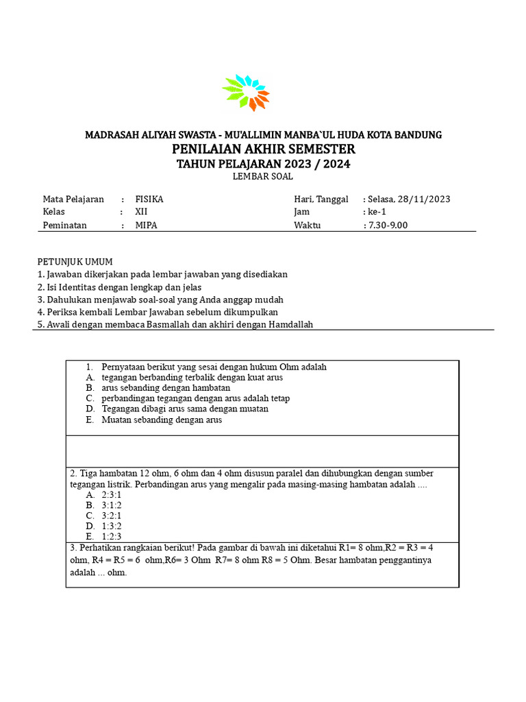 Naskah Soal Pas Fisika Kls Xii MH 2023 - 2024 | PDF | Metode & Bahan Ajar | Sains & Matematika
