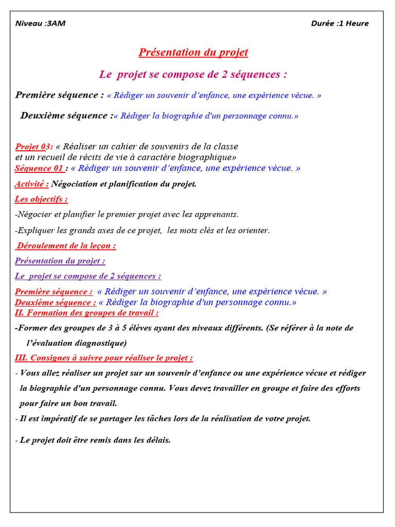 Fiches 3 Am Projet 3 Seq 1. | PDF | Verbe | Autobiographies