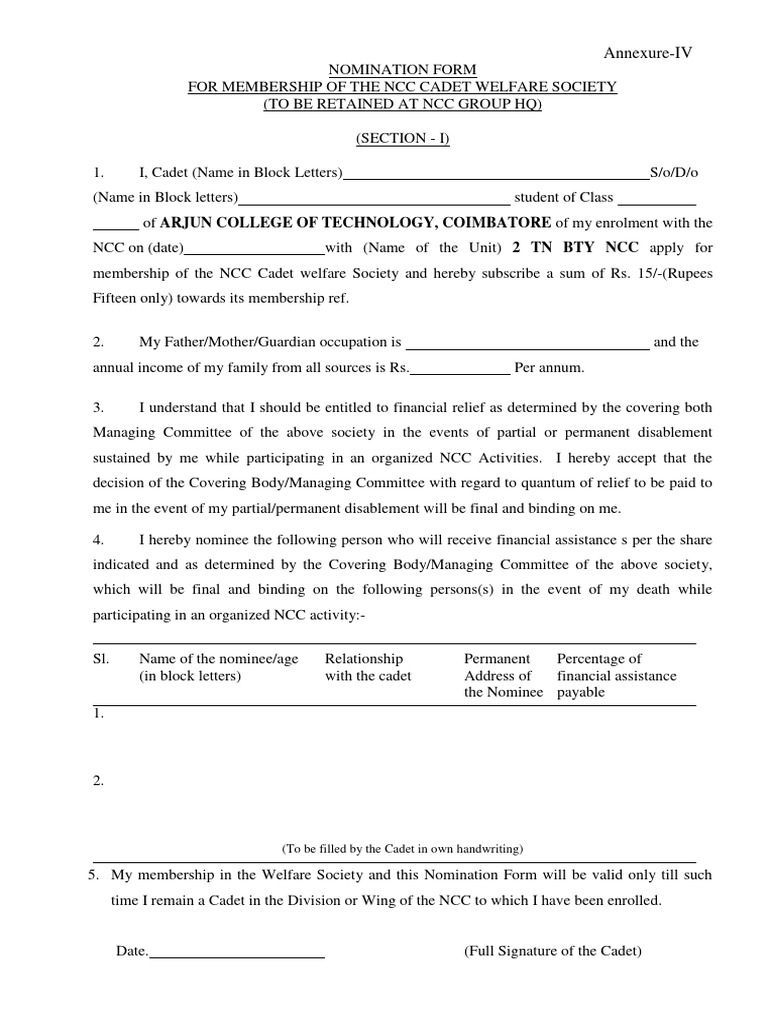 NCC Cadet Welfare Society Nomination Form | PDF | Finance & Money Management | Social Science