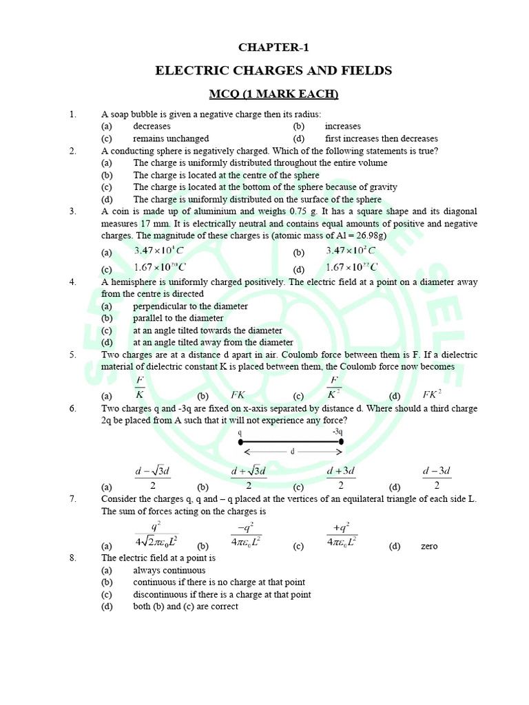 Electric Charges & Fields MCQs | PDF | Capacitor | Capacitance