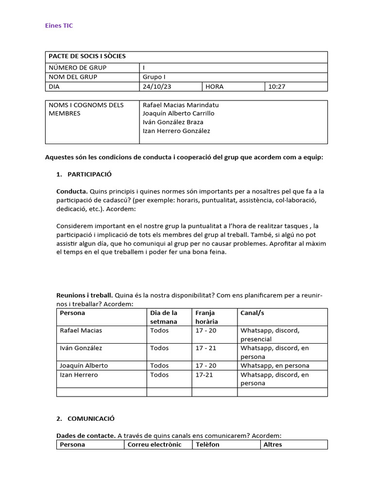 Eines Tic - Pacte Equip Grupo I | PDF
