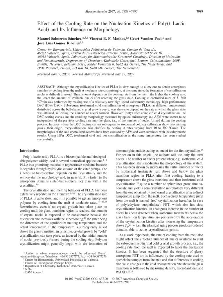 Effect Of The Cooling Rate On The Nucleation Kinetics Of Poly L Lactic Acid And Its Influence