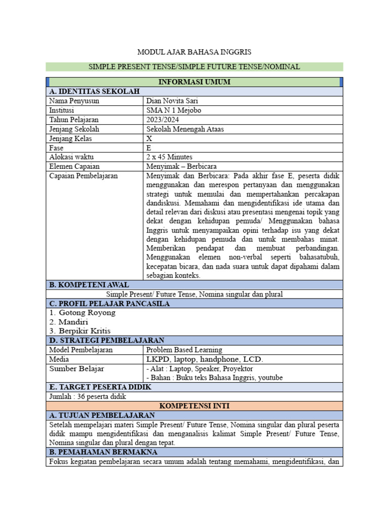 MODUL AJAR BAHASA INGGRIS SIMPLE PrSENT TENSE | PDF