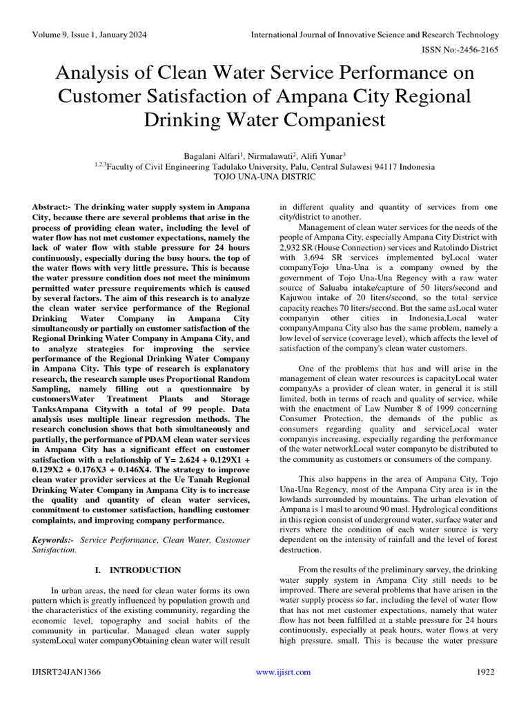 Analysis of Clean Water Service Performance on Customer Satisfaction of ...